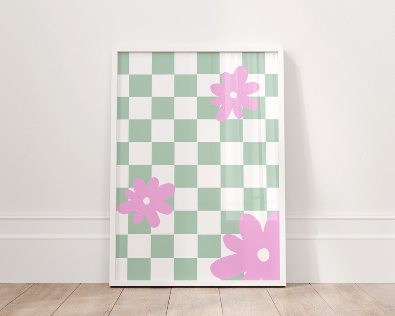 Pink and Green Checkered Print, Flower Checkered Posters, Boho ...