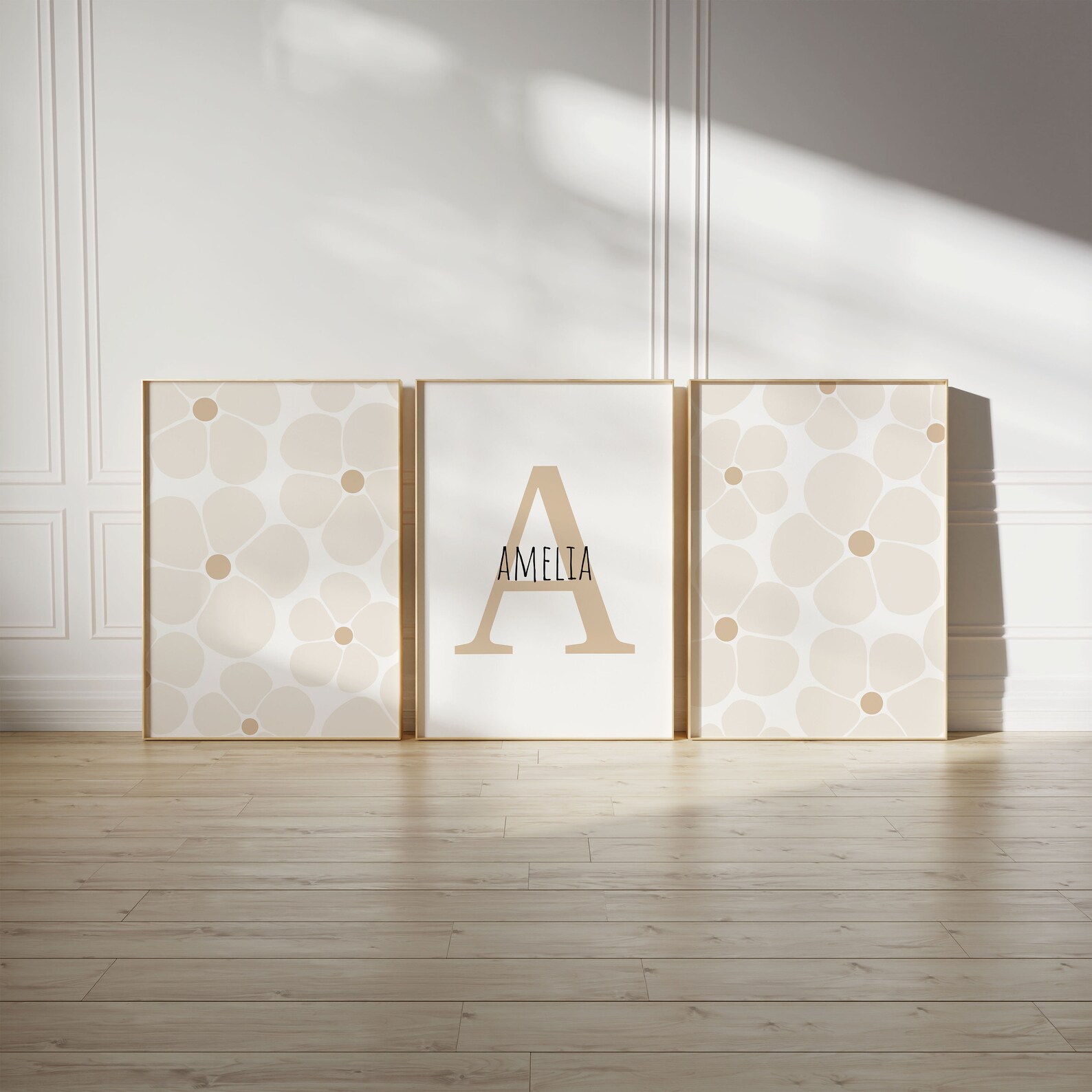 Custom Initial Name Beige Art, Girls Nursery Art, Set of 3 Boho Nursery ...