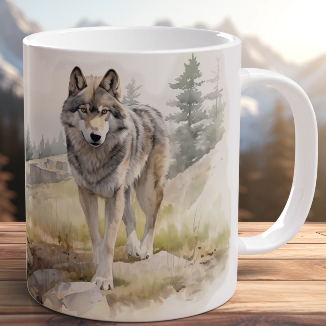Rustic Wolf Wilderness Scene Mug Ceramic Cup, Two Wold on A Cup With ...