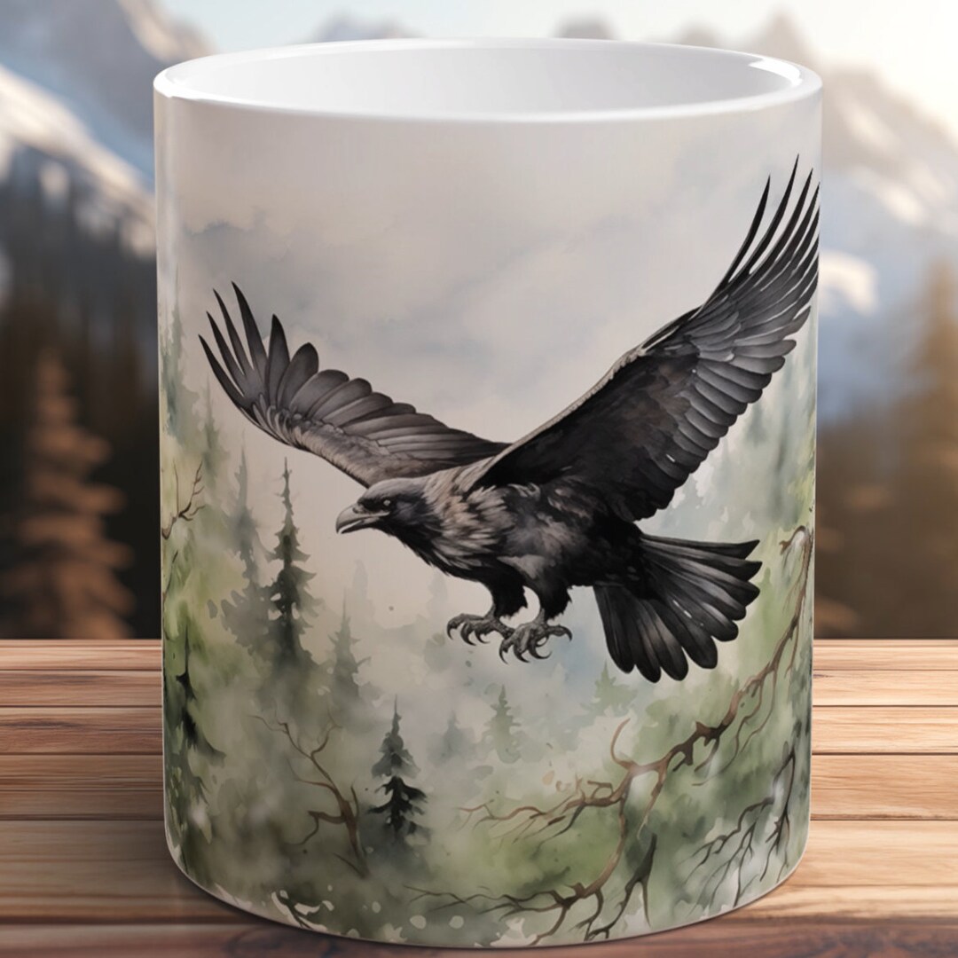 Raven Mug Hand Painted Bird Art Coffee Cup Unique Raven Gift Watercolor ...