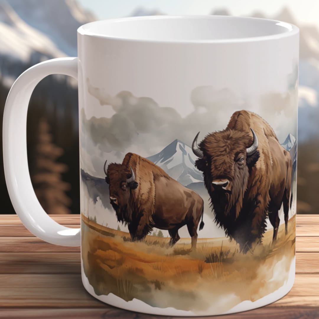 Hand Painted Bison Mug Wildlife Inspired Ceramic Coffee Cup Best Gift ...