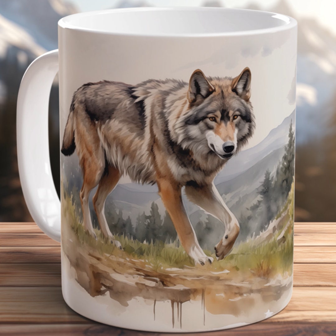 Hand-painted Wolf Wildlife Art Mug Ceramic Cup, Wolf Lover on Mug ...