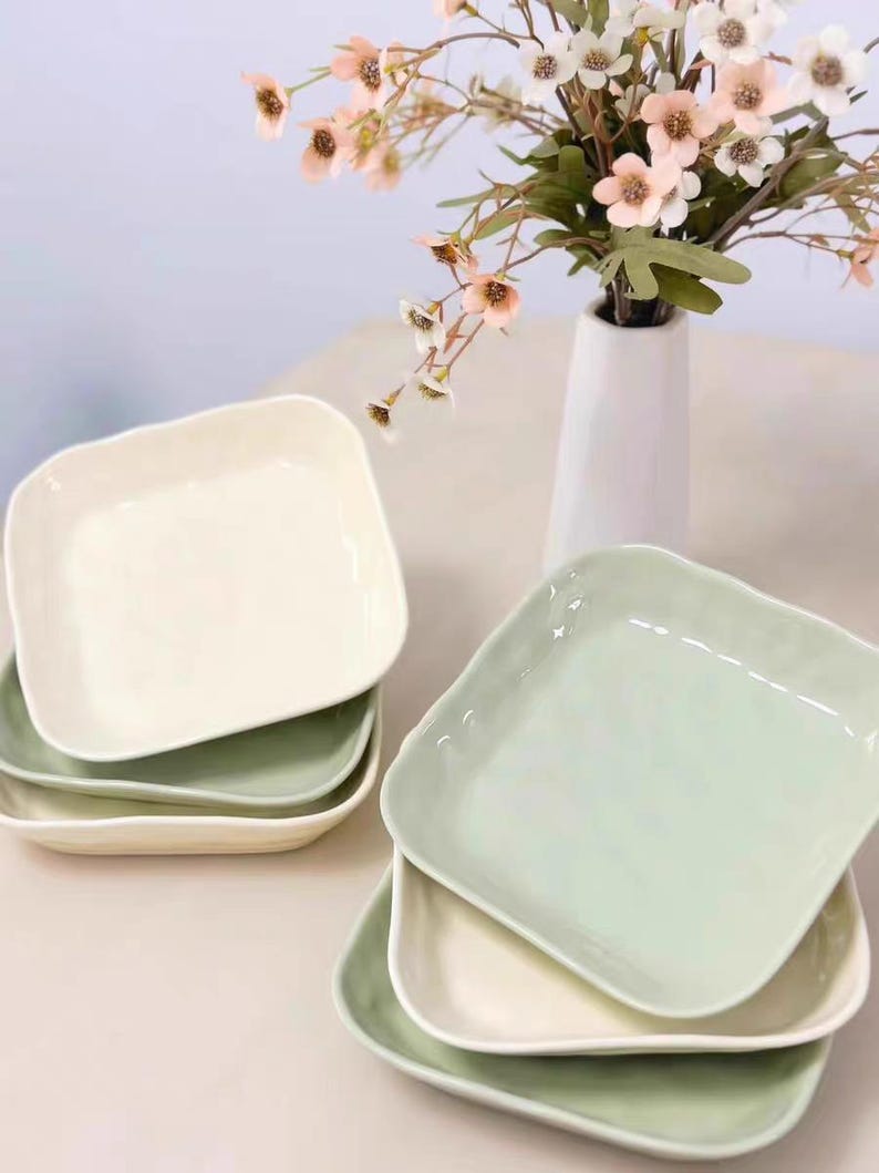Minimalist Square Ceramic Plate: Cream & Green Wabi-sabi Dinnerware - Etsy
