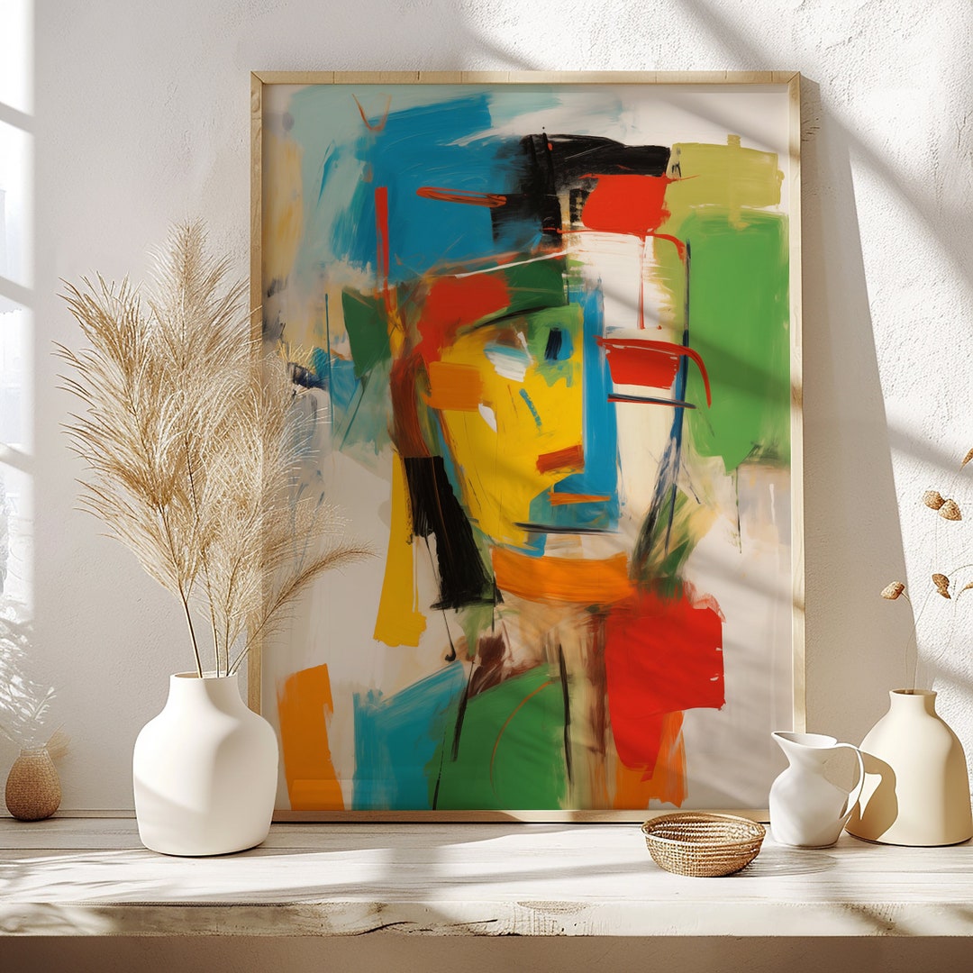 Abstract Blue Large Portrait Painting for Livingroom, Yellow, Black ...