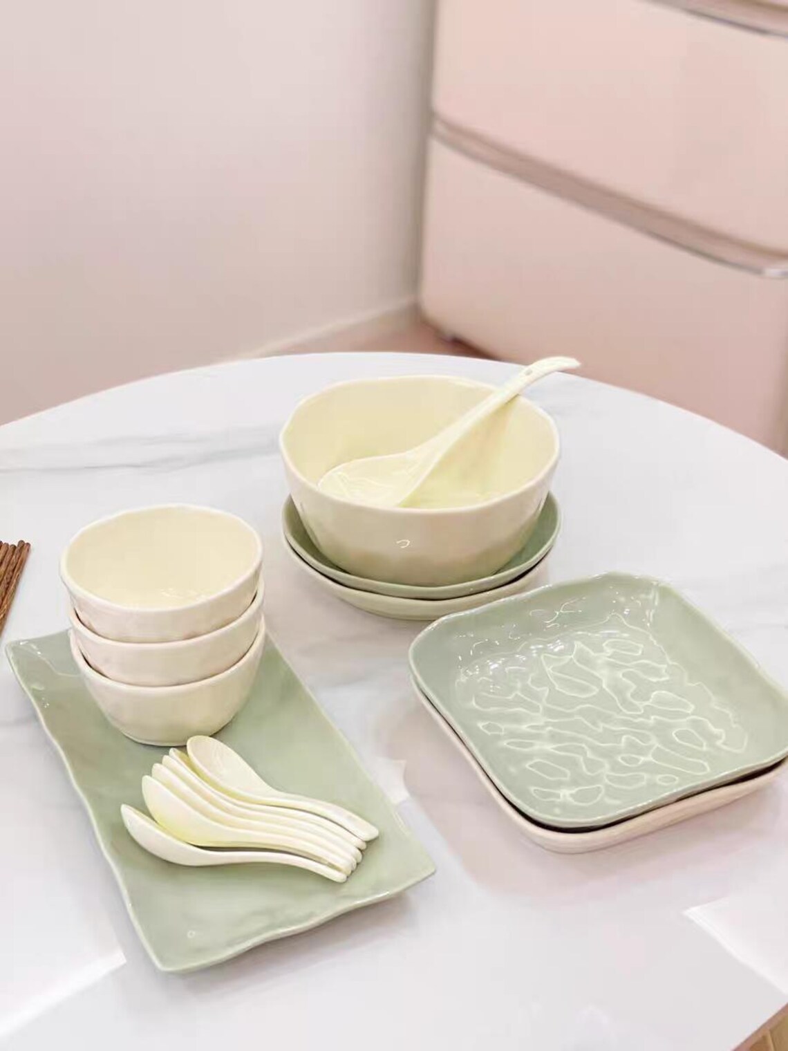 Minimalist Square Ceramic Plate: Cream & Green Wabi-sabi Dinnerware - Etsy