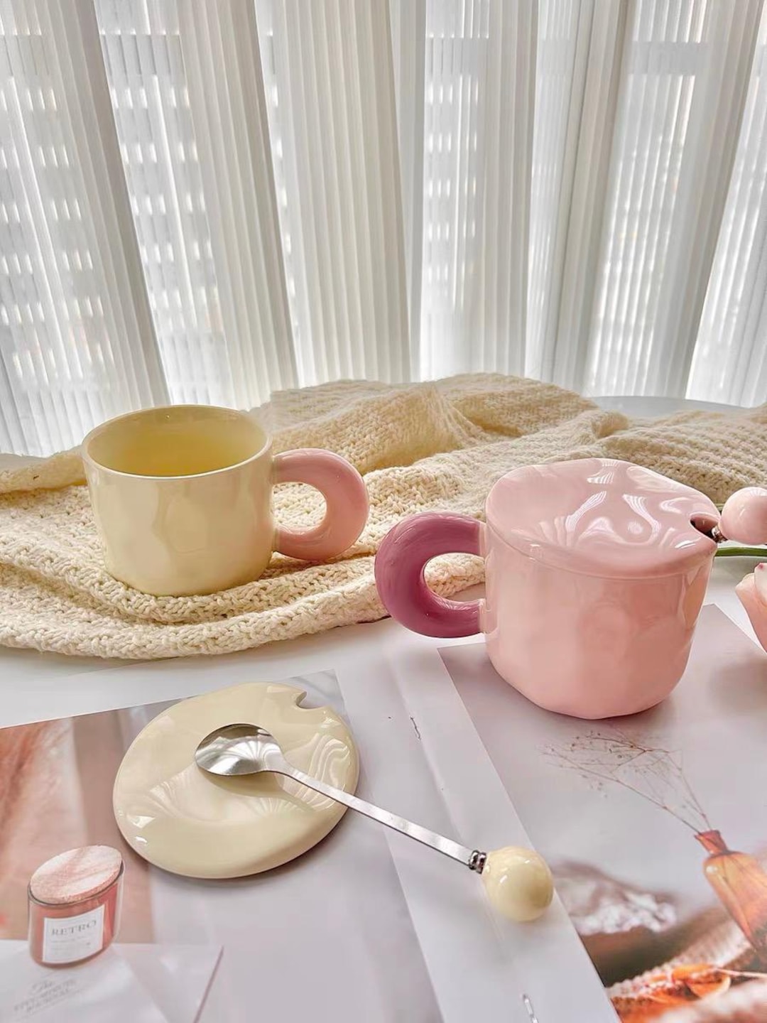 Chunky Ceramic Mug With Lid & Spoon: Modern Pastel Coffee Cup - Etsy
