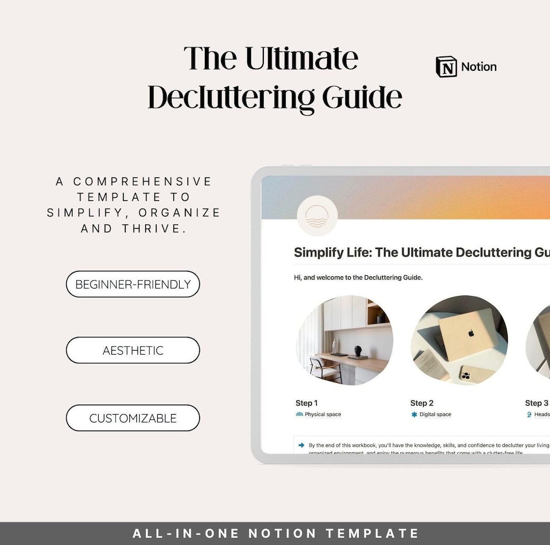 Decluttering Guide Aesthetic Notion Template Digital Minimalism Planner Konmari Home ...