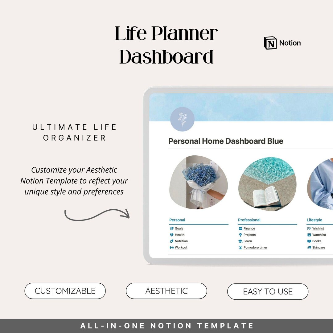 Blue Aesthetic Notion Template, Blue Notion Planner, Life Dashboard ...