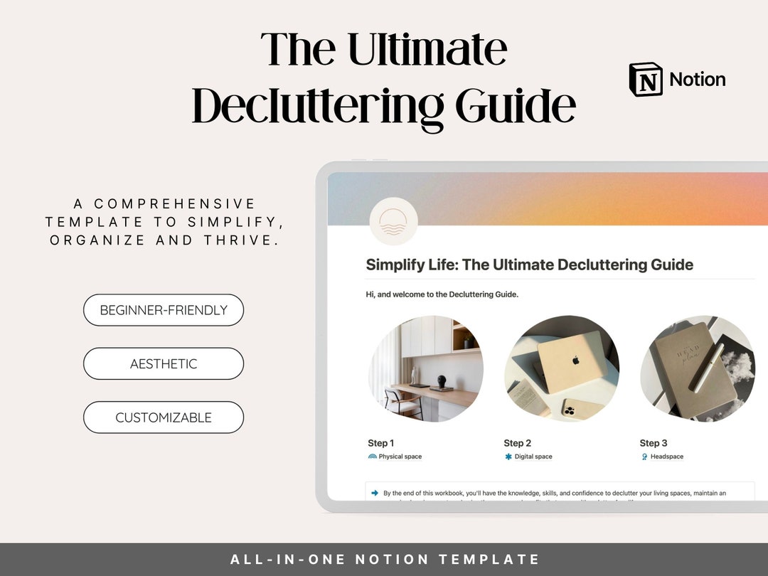Decluttering Guide Aesthetic Notion Template Digital Minimalism Planner Konmari Home ...