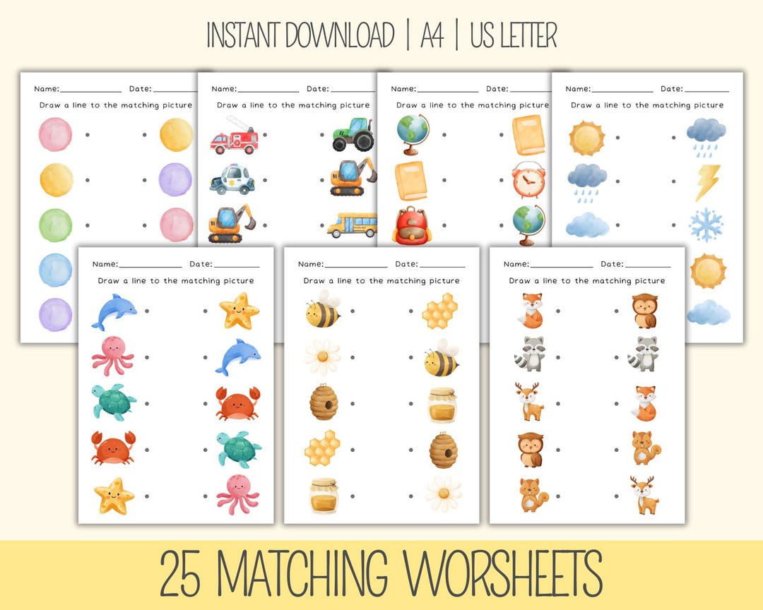 25 Printable Matching Worksheets, Match the Picture, Kindergarten ...
