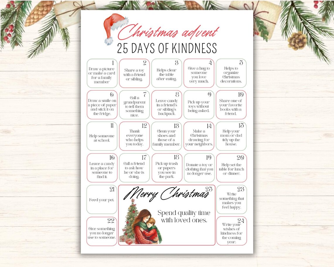 25 Days of Kindness Calendar for Kids, Christmas Activity Advent ...