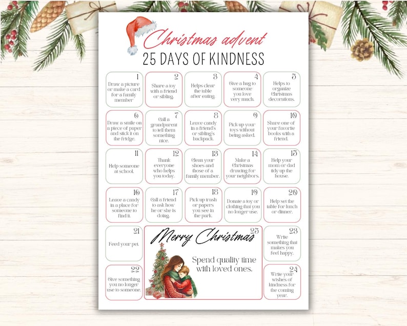 25 Days of Kindness Calendar for Kids, Christmas Activity Advent ...