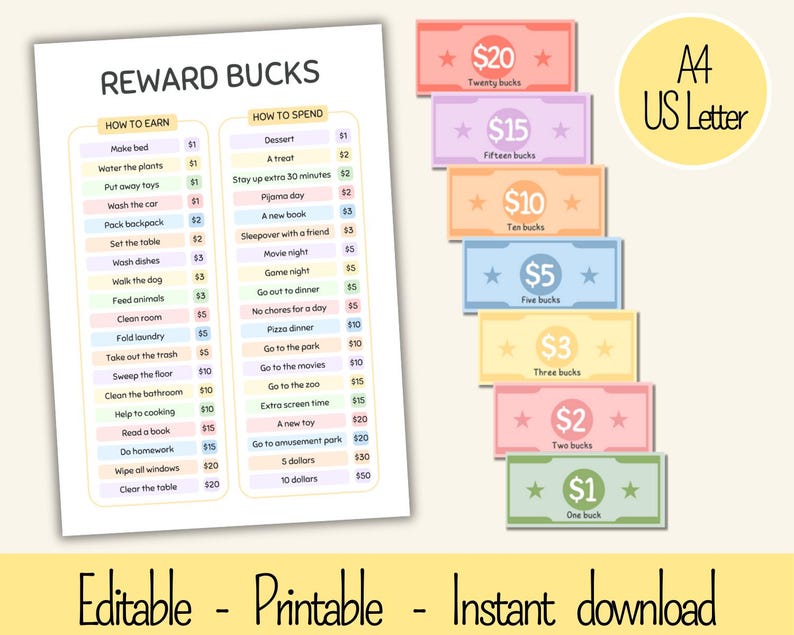 Editable Kids Reward Bucks, Mom Bucks, Chore Bucks, Reward System for ...