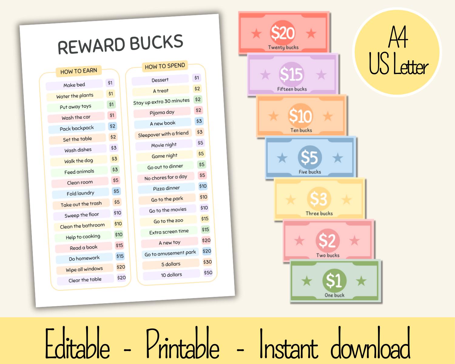 Editable Kids Reward Bucks, Mom Bucks, Chore Bucks, Reward System for ...