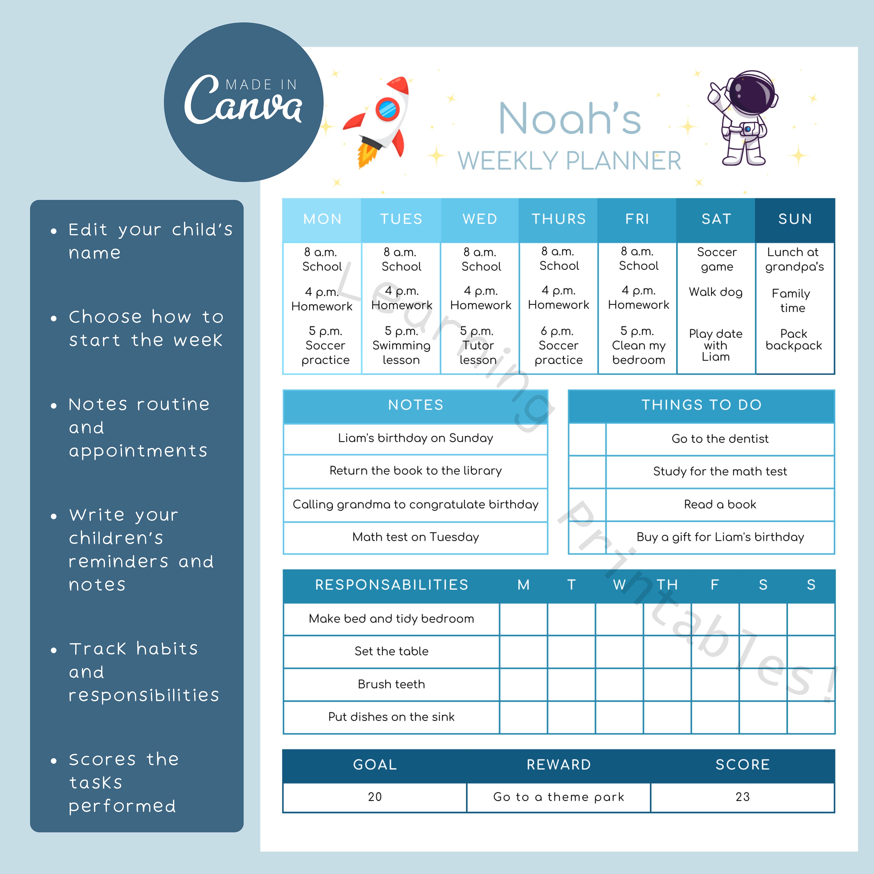 Kids Weekly Planner Printable, Kids Weekly Schedule, Kids Daily Planner ...