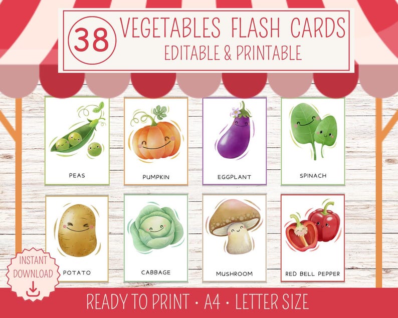 38 Vegetables Flashcards, Image Cards for Kids, Preschool, Nomenclature ...