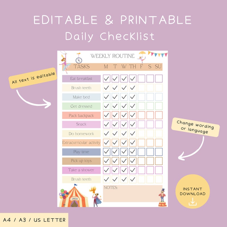 Editable Kids Chore Chart, Daily Checklist, Daily Routine, Homeschool ...
