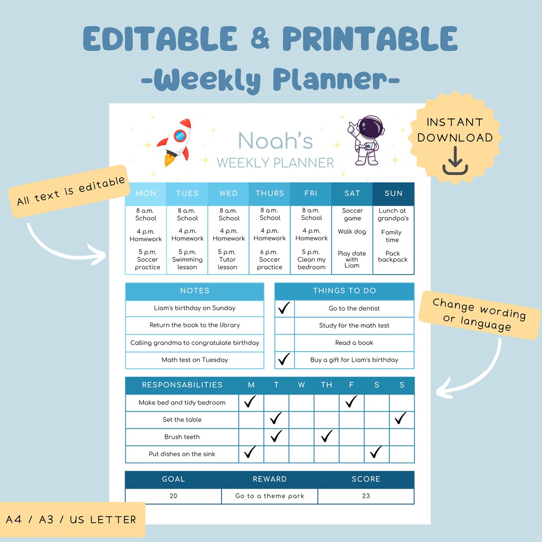Kids Weekly Planner Printable, Kids Weekly Schedule, Kids Daily Planner ...