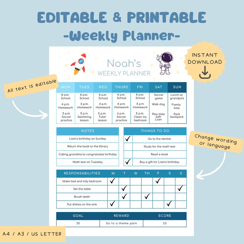 Kids Weekly Planner Printable, Kids Weekly Schedule, Kids Daily Planner ...