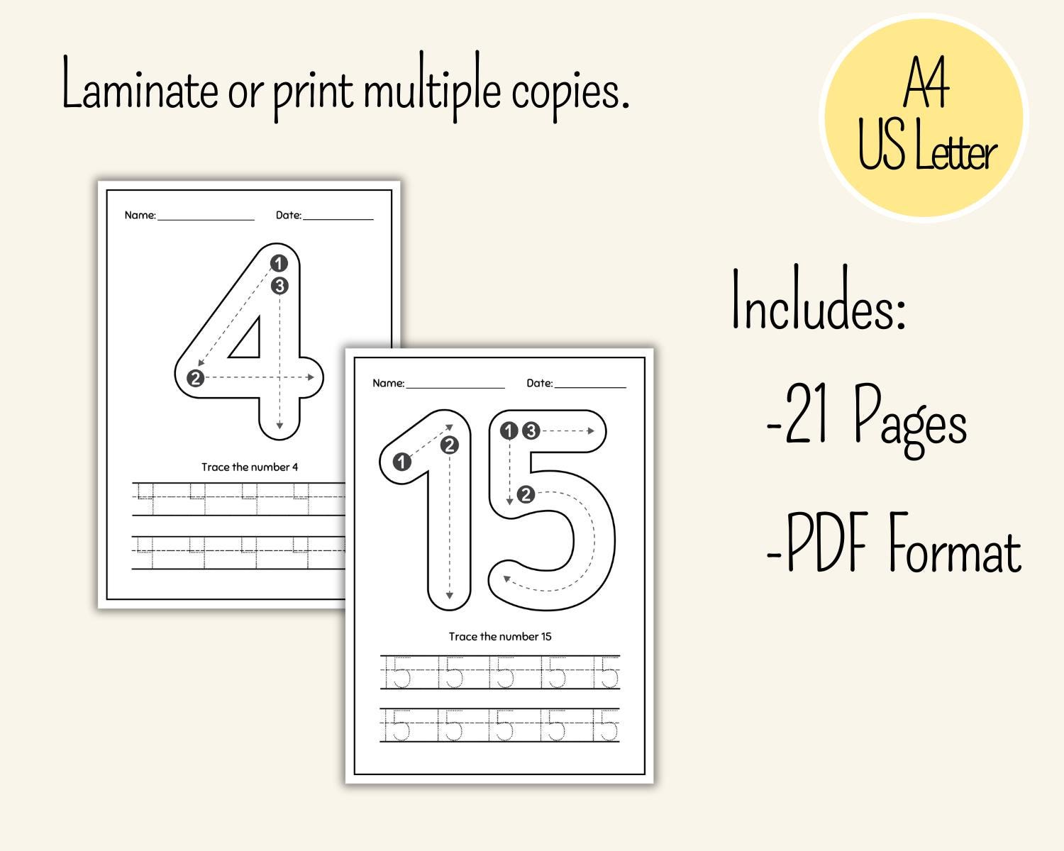 20 Number Trace Worksheet, Trace Numbers, Number Trace Printable, Kids ...
