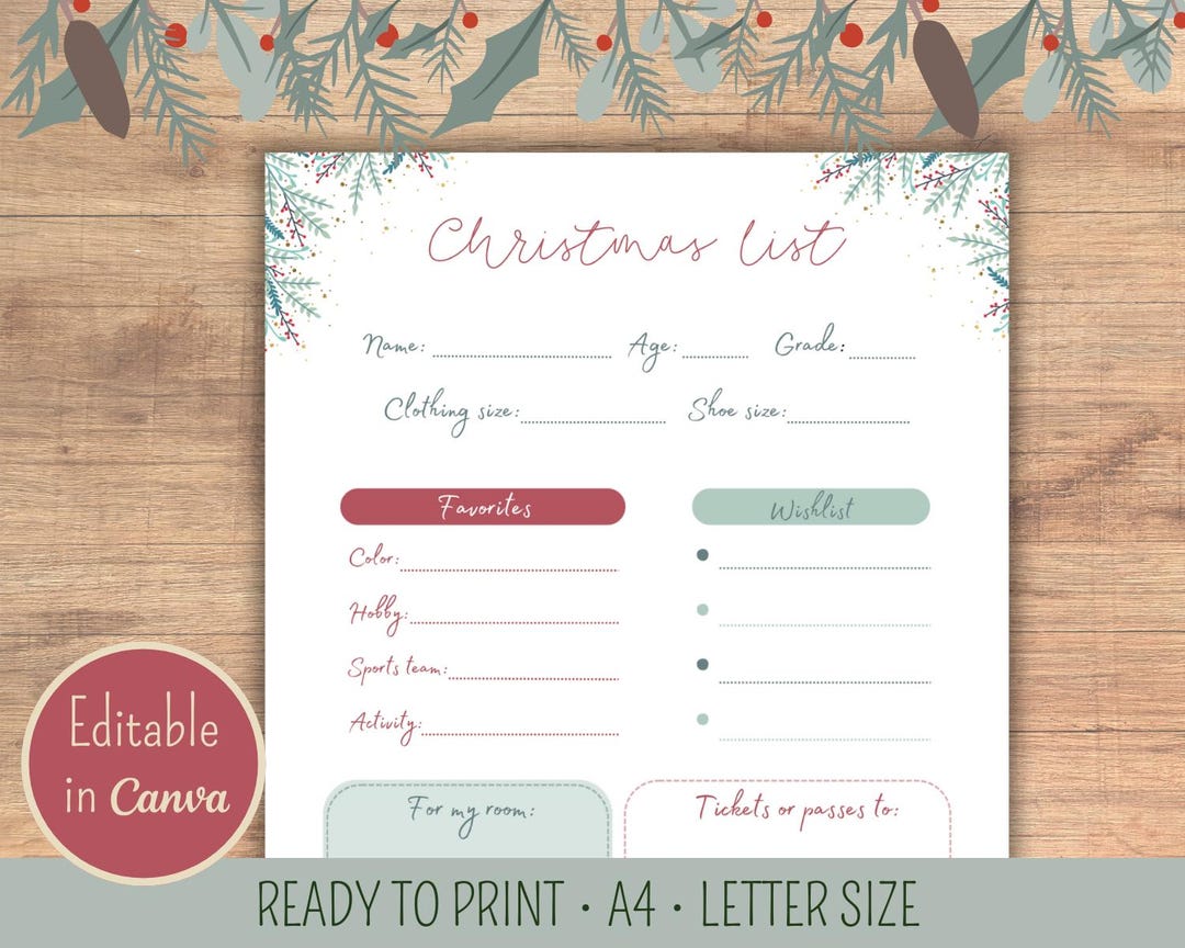 Kids Christmas Wish List,printable Gift Wish List,children's X-mas Wish List,kids Holiday Wish ...