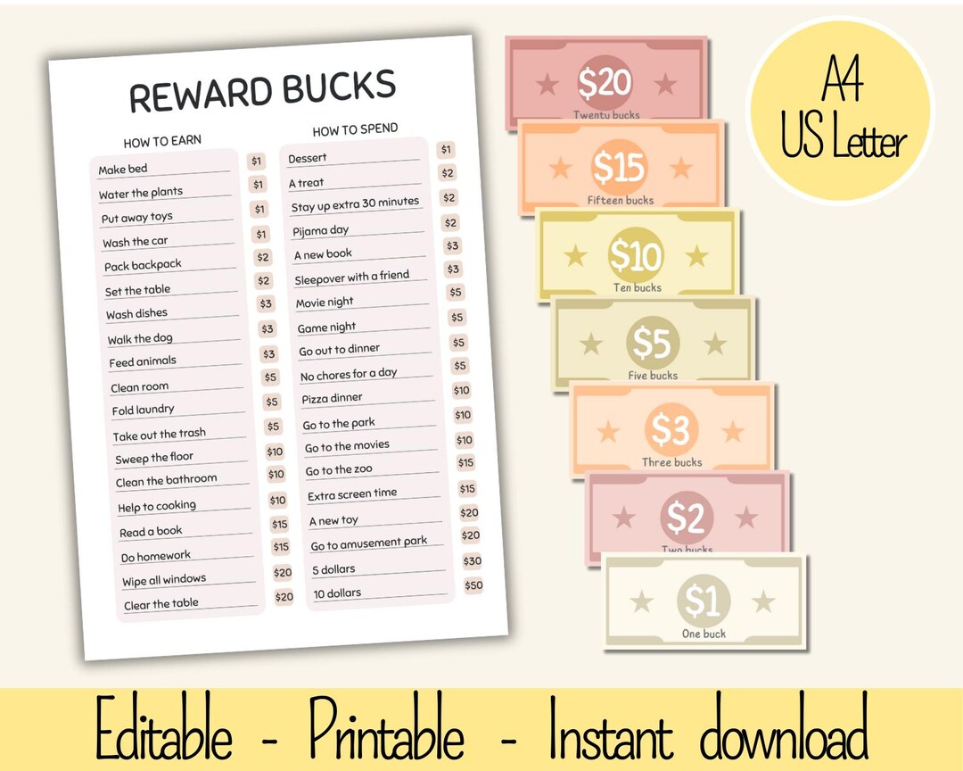 Editable Kids Reward Bucks, Mom Bucks, Chore Bucks, Reward System for ...