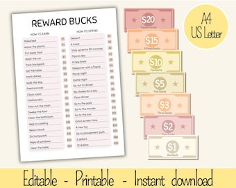 Editable Kids Reward Bucks, Mom Bucks, Chore Bucks, Reward System for ...