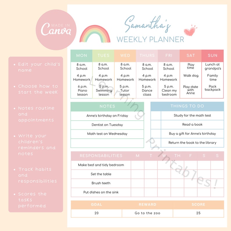 Kids Weekly Planner Printable, Kids Weekly Schedule, Kids Daily Planner ...