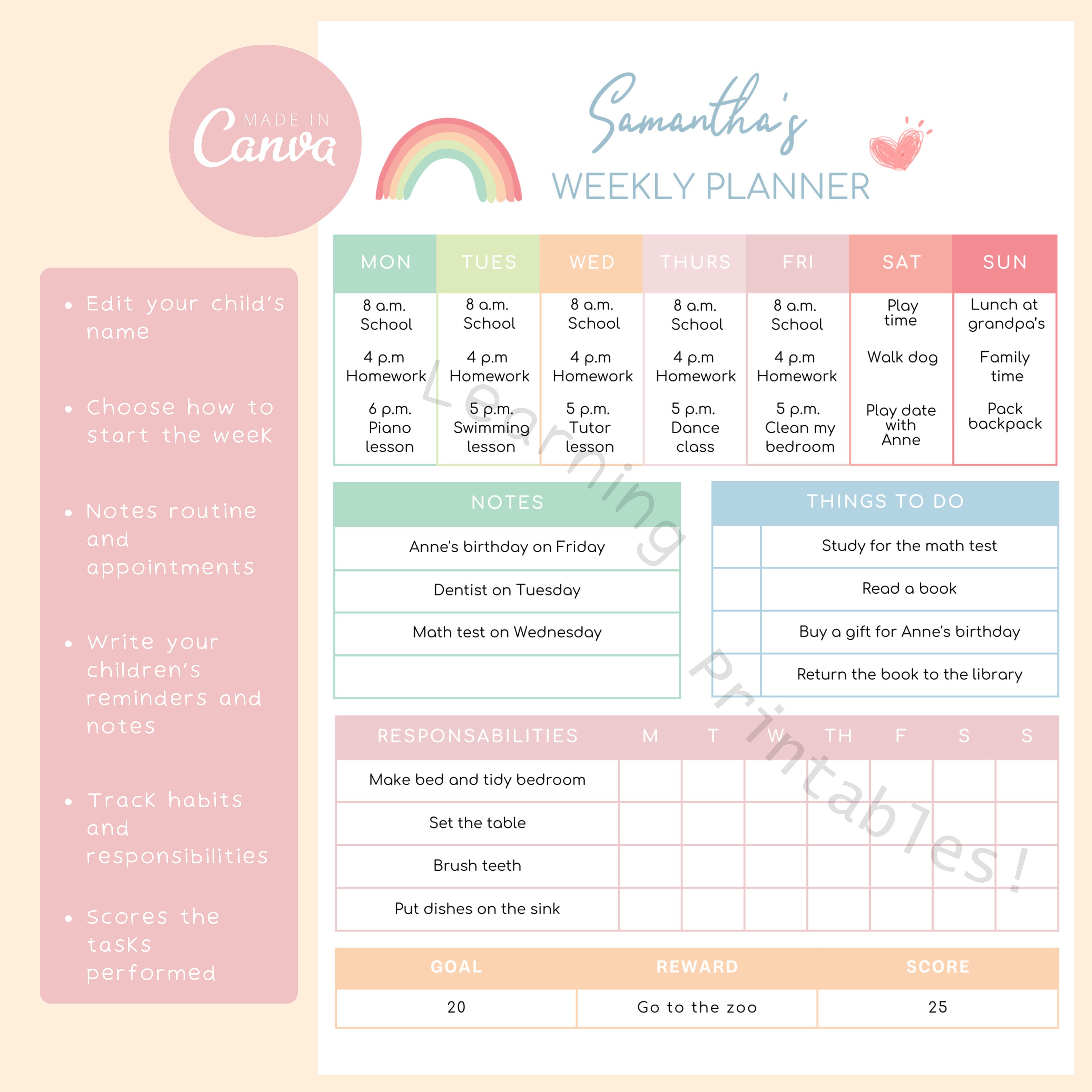 Kids Weekly Planner Printable, Kids Weekly Schedule, Kids Daily Planner ...