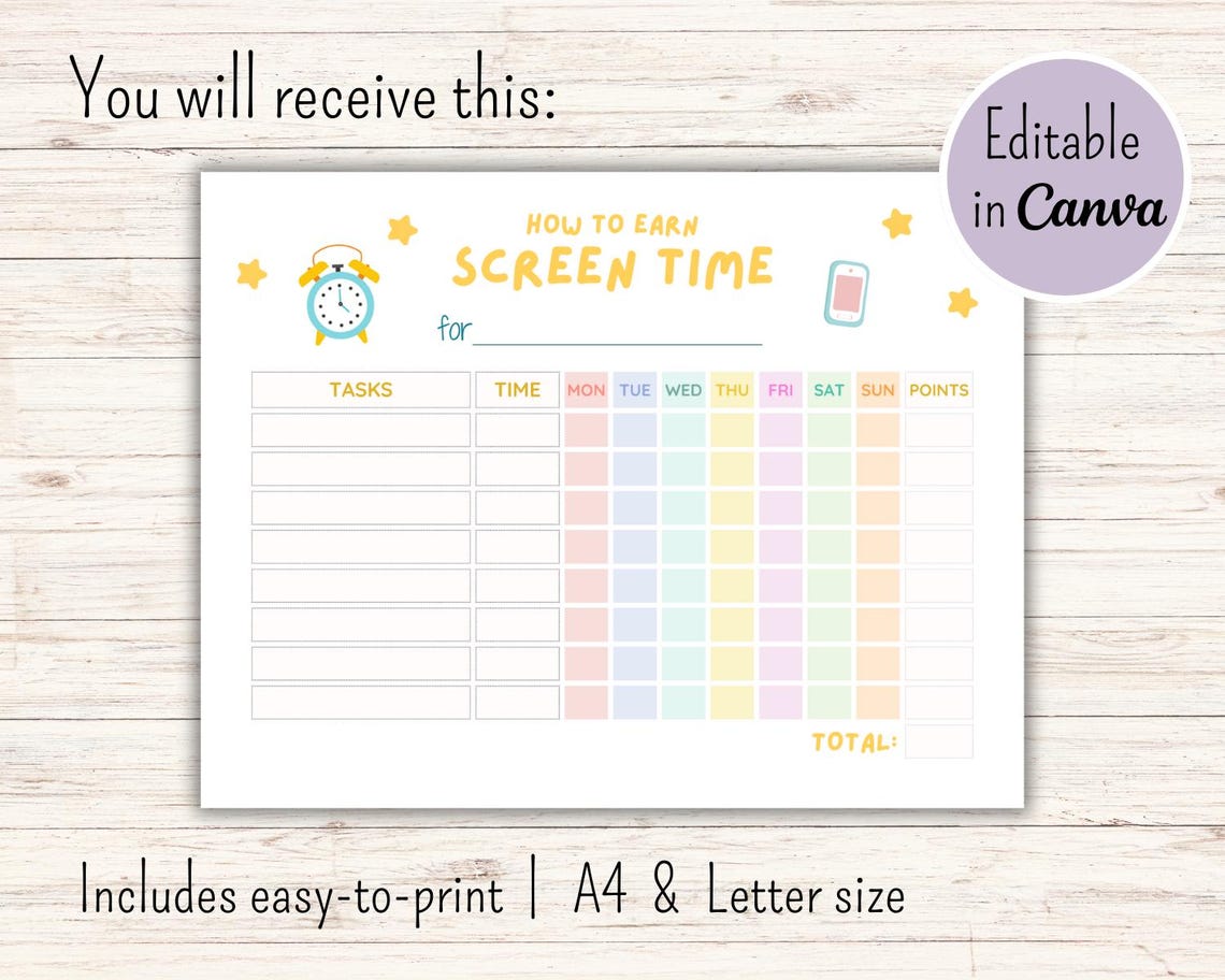 Editable Screen Time Checklist, How to Earn Screen Time Chart, Daily ...