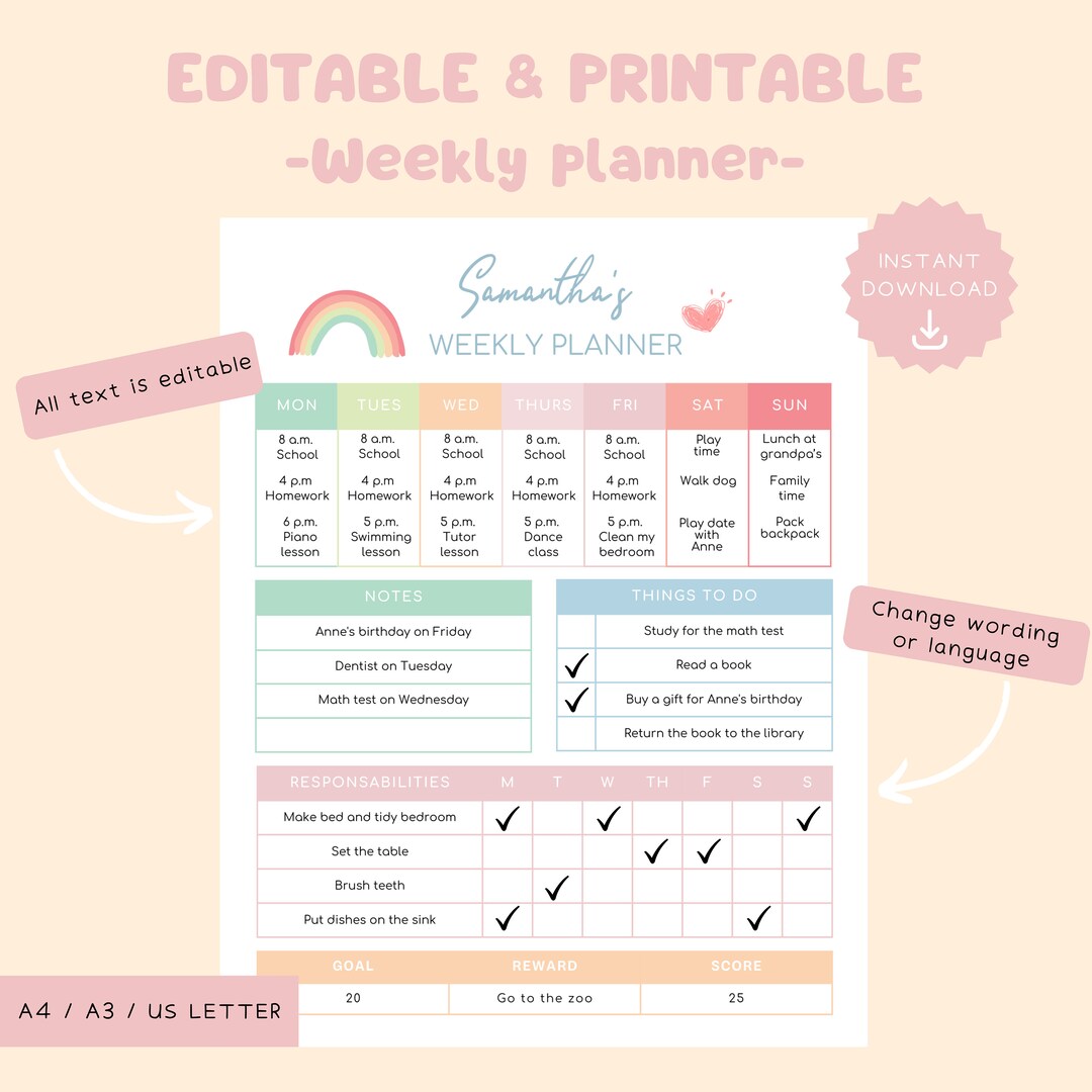 Kids Weekly Planner Printable, Kids Weekly Schedule, Kids Daily Planner ...
