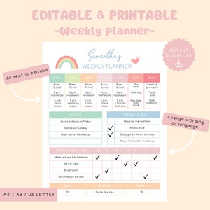 Kids Weekly Planner Printable, Kids Weekly Schedule, Kids Daily Planner ...