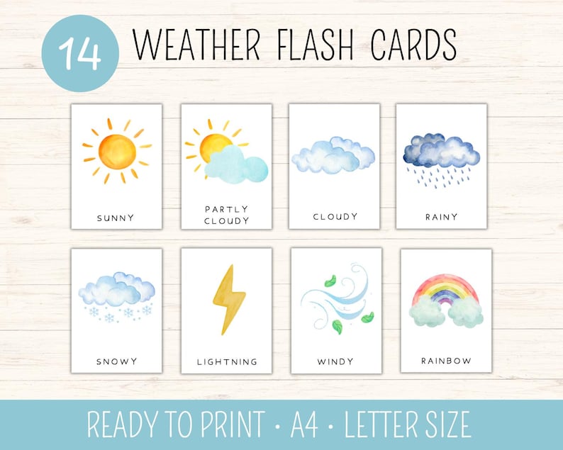 14 Weather Cards, Weather Flashcards, Toddler Weather Activity ...