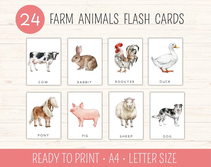 24 Farm Animals Flash Cards, Montessori Flash Cards, Teaching Animals ...