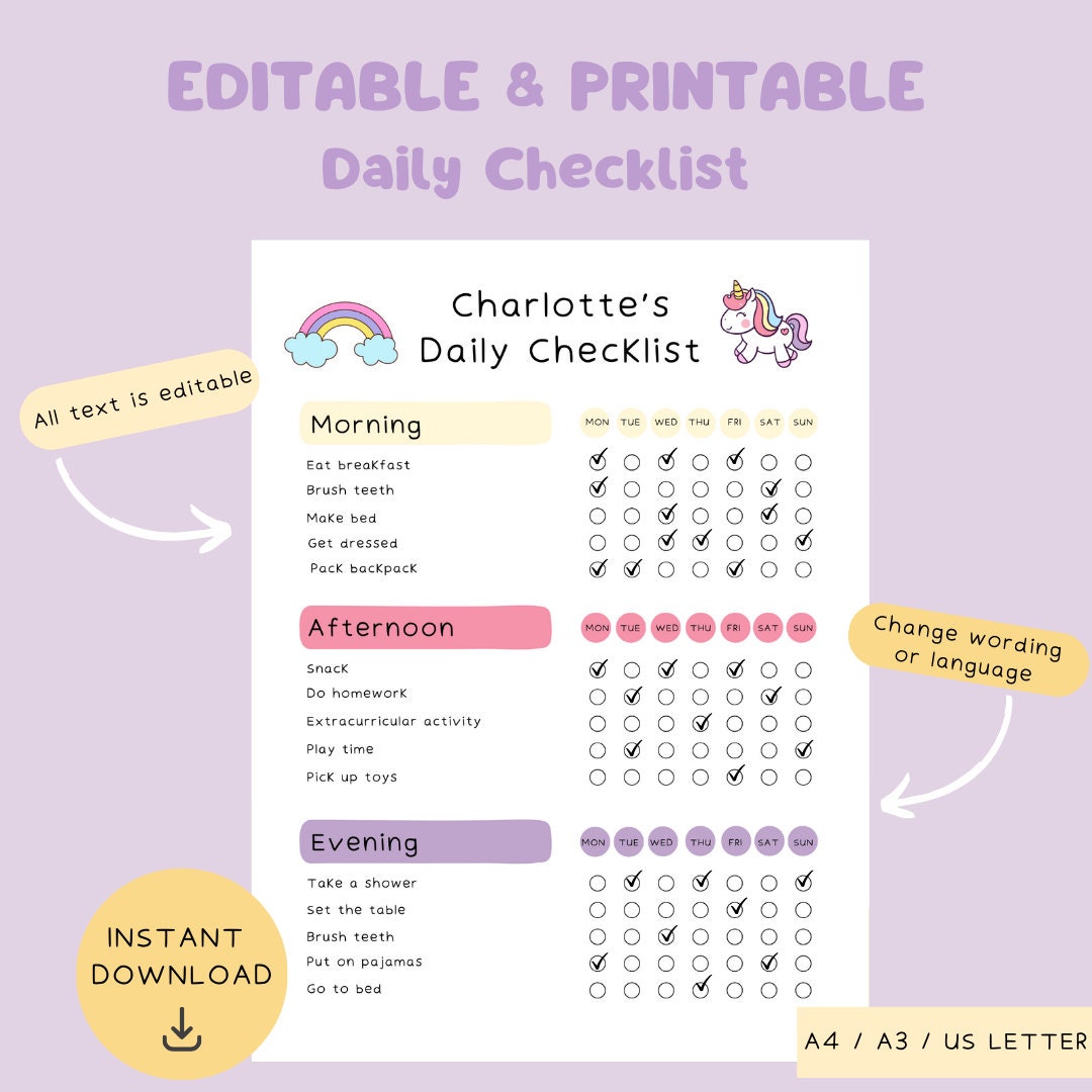 Editable Daily Checklist for Kids, Kids Daily Routine, Kids Routine ...