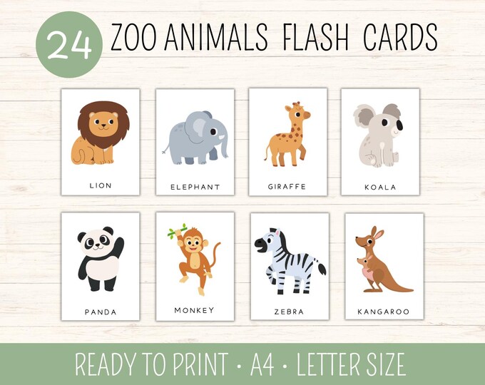 40 Zoo Animals Flashcards Kids Printable Nomenclature Cards ESOL ...