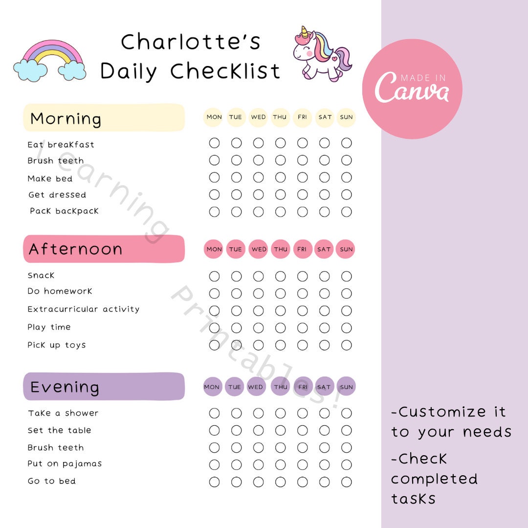 Editable Daily Checklist for Kids, Kids Daily Routine, Kids Routine ...