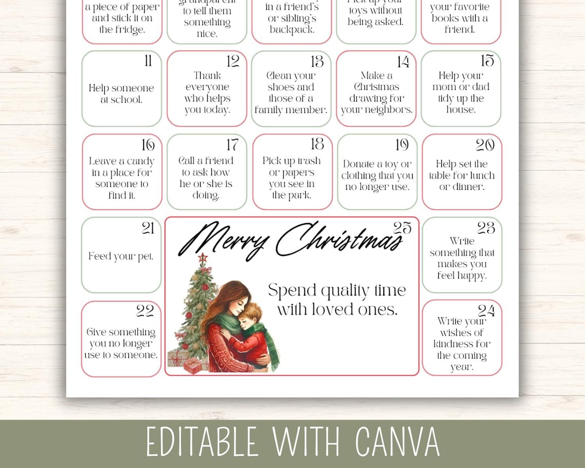 25 Days of Kindness Calendar for Kids, Christmas Activity Advent ...