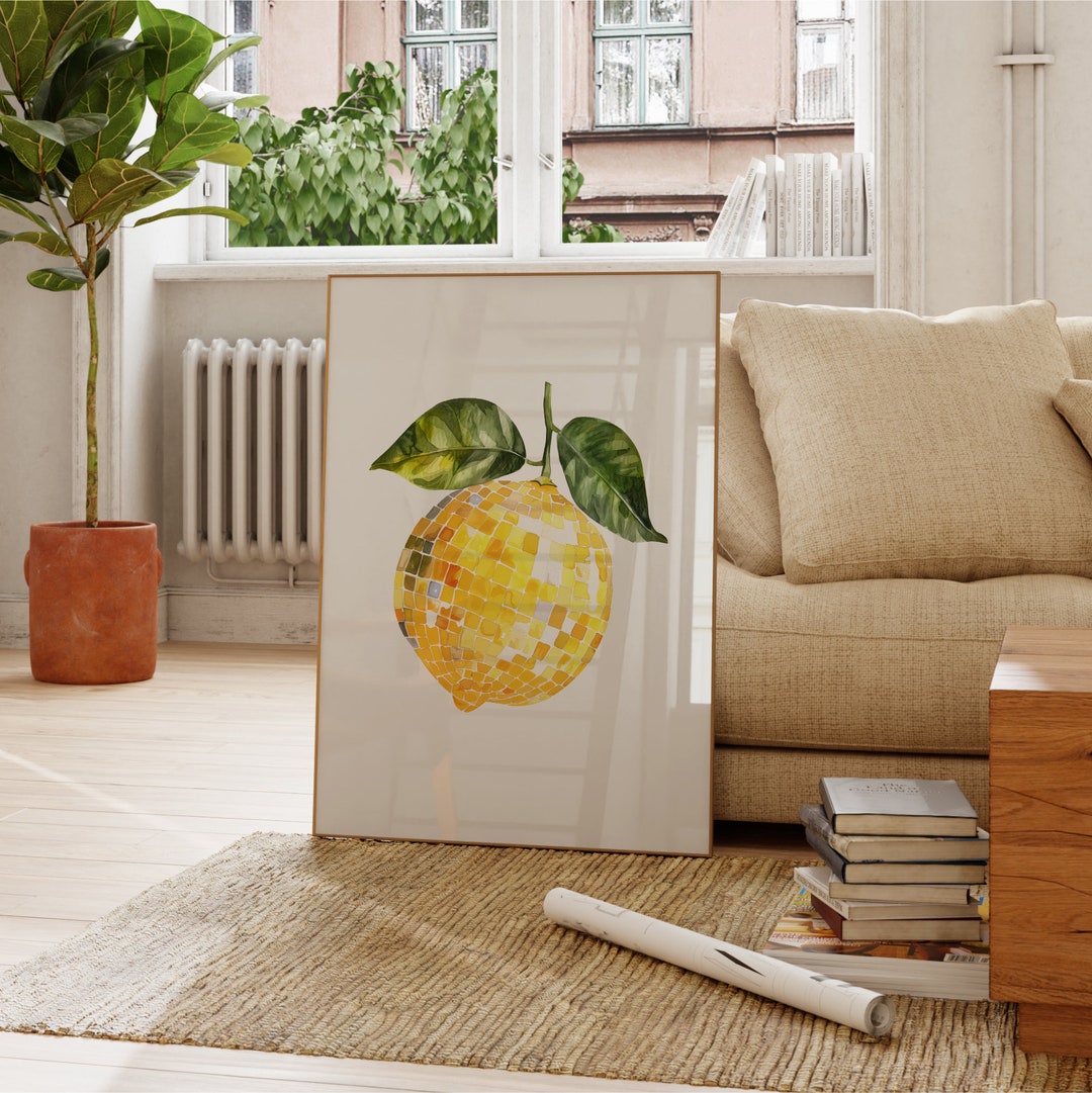 Disco Lemon Print Fruit Wall Art Glam Disco Ball Poster Kitchen Dining ...