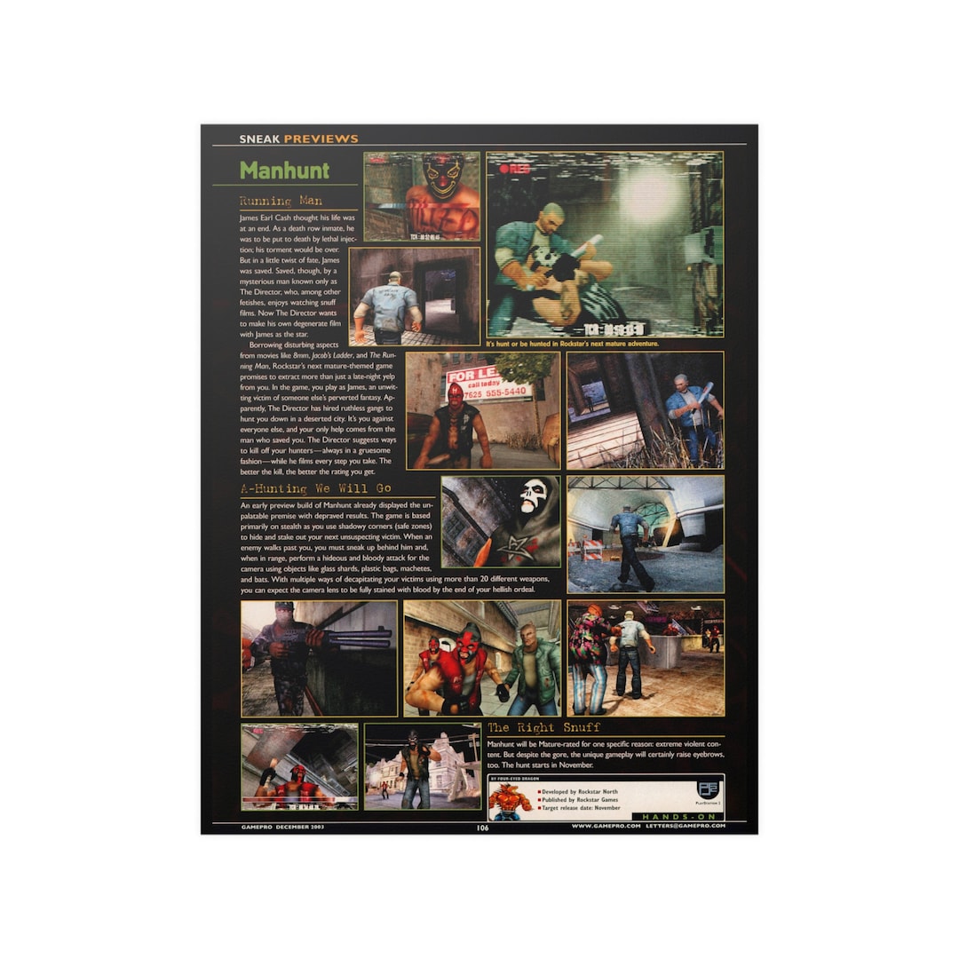 Manhunt Sneak Preview Video Game Poster 11x14, Old School Retro Gamer ...