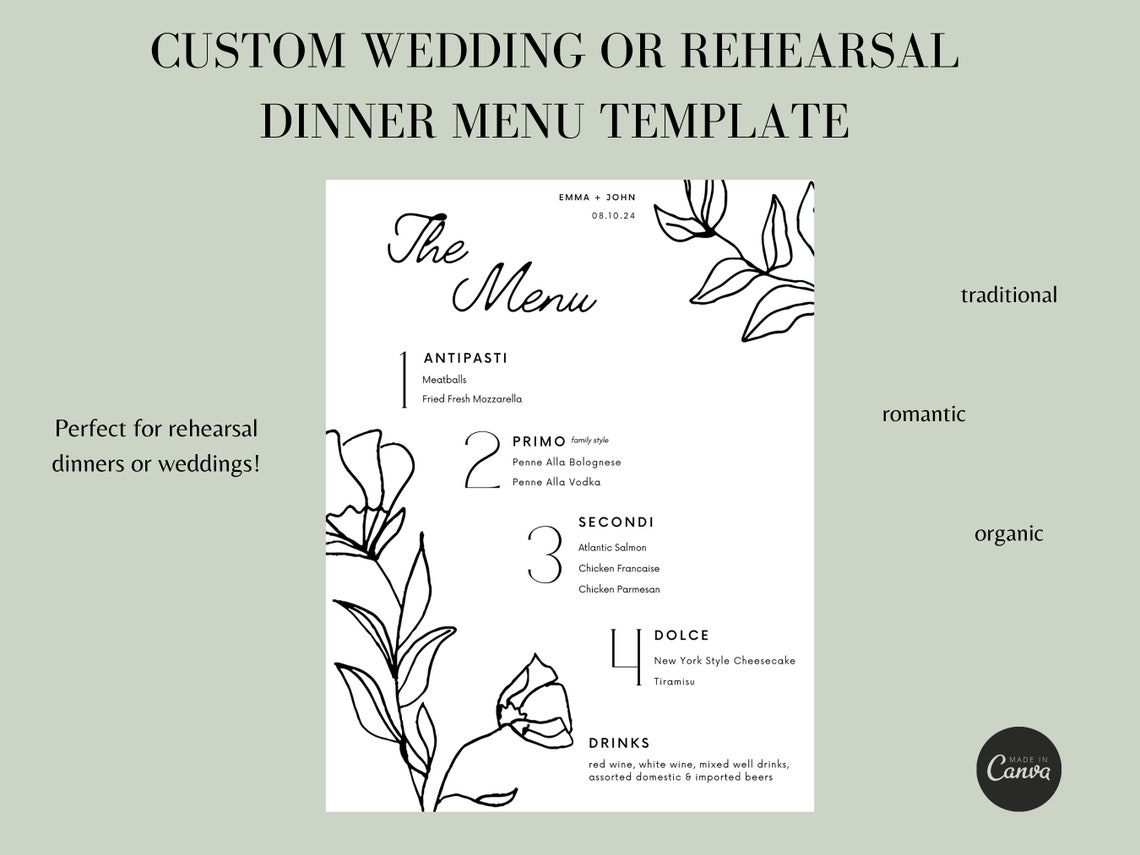 4 Course Rehearsal or Wedding Menu | Italian | 4 Courses | Editable ...