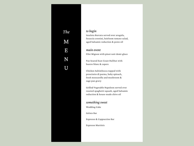 Formal Wedding Menu Template | Black Tie Wedding Dinner | Classic ...