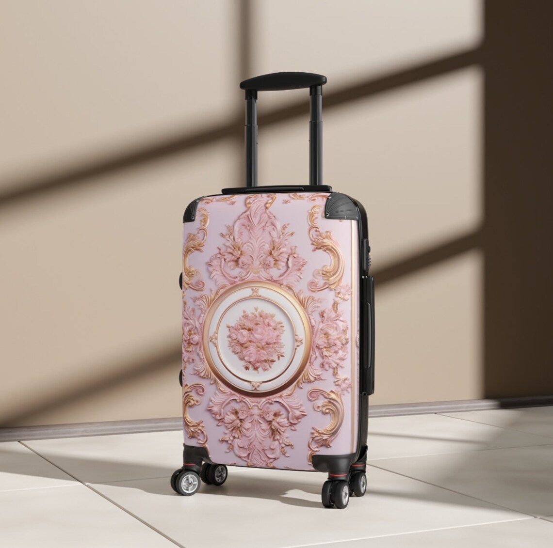 Hard Shell Blush Pink and Gold Vintage Baroque Suitcase Large Lockable ...