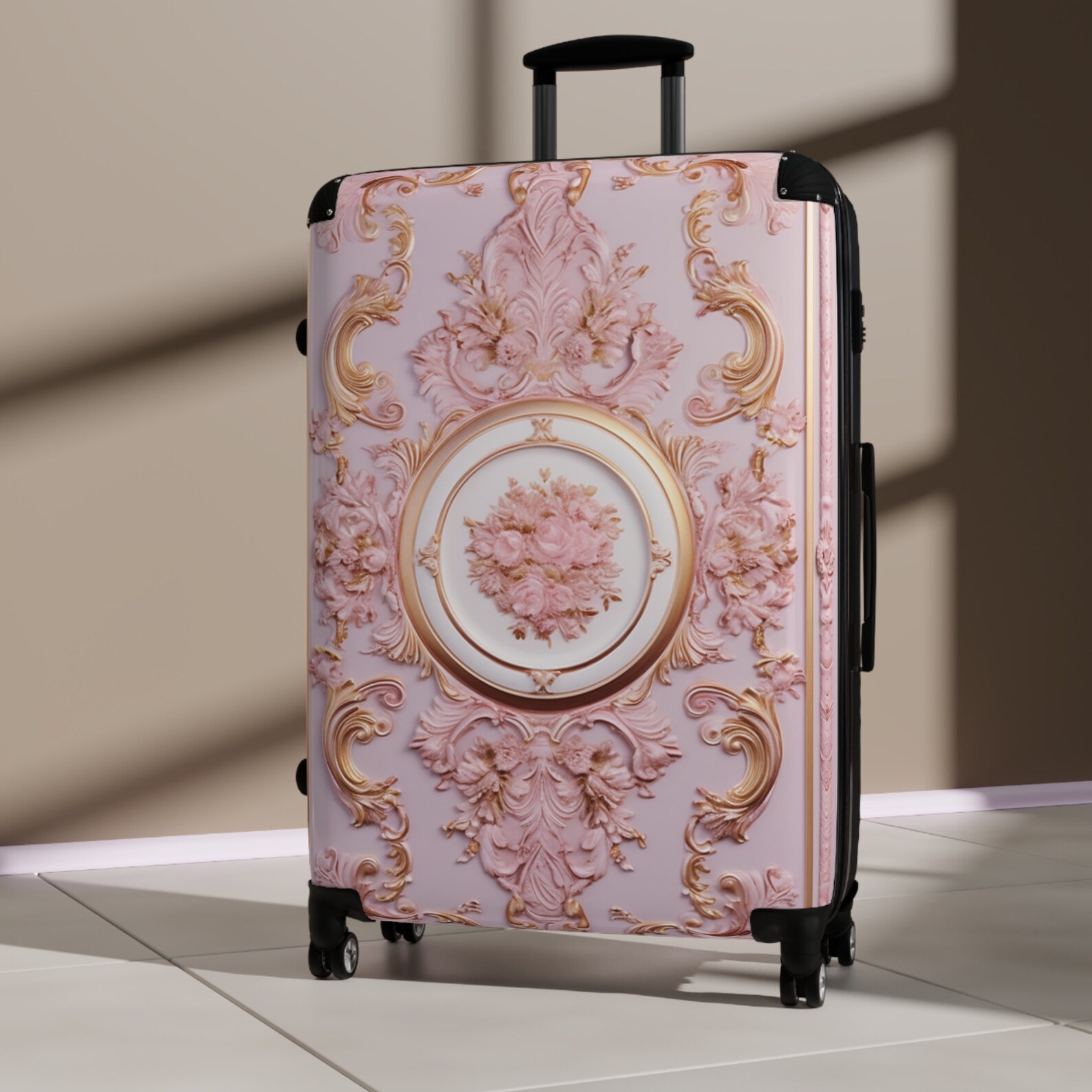 Hard Shell Blush Pink and Gold Vintage Baroque Suitcase Large Lockable ...