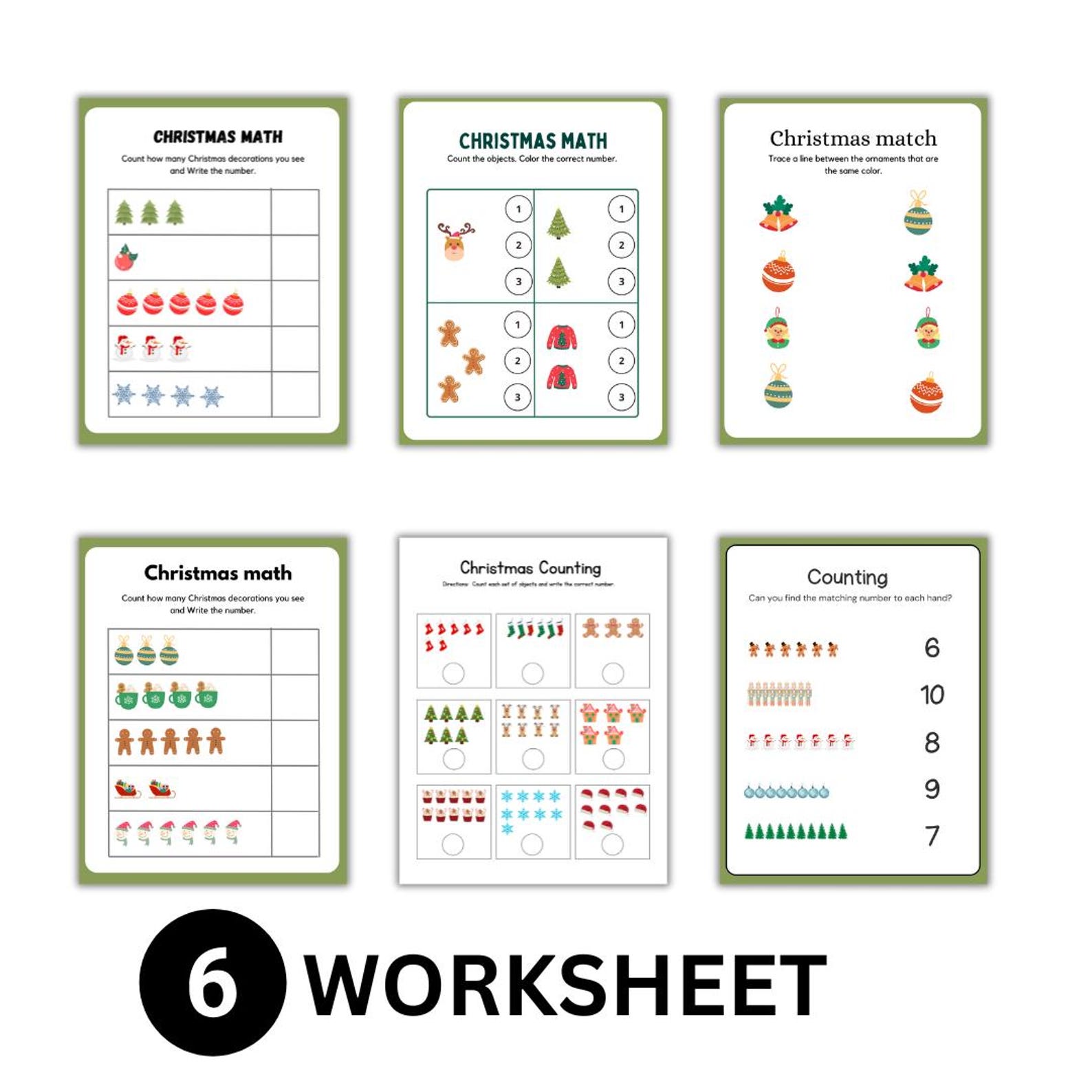 Christmas Math Printable Counting Worksheet Kids Packet Downloadable ...