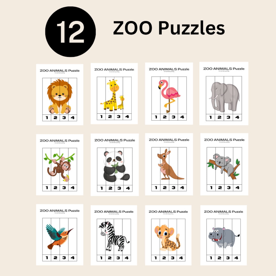 Zoo Animals Puzzle Printable Kids Animals Activity Kindergarten Animals ...