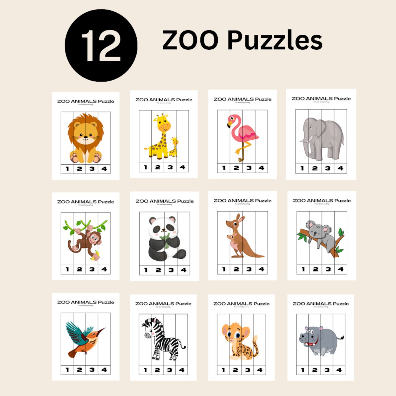 Zoo Animals Puzzle Printable Kids Animals Activity Kindergarten Animals ...