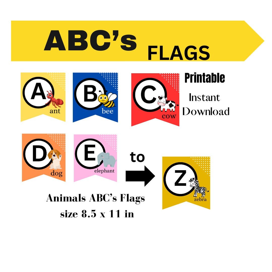 ABC Printable Classroom Animals Flags Decor Playroom for Kids Letters ...