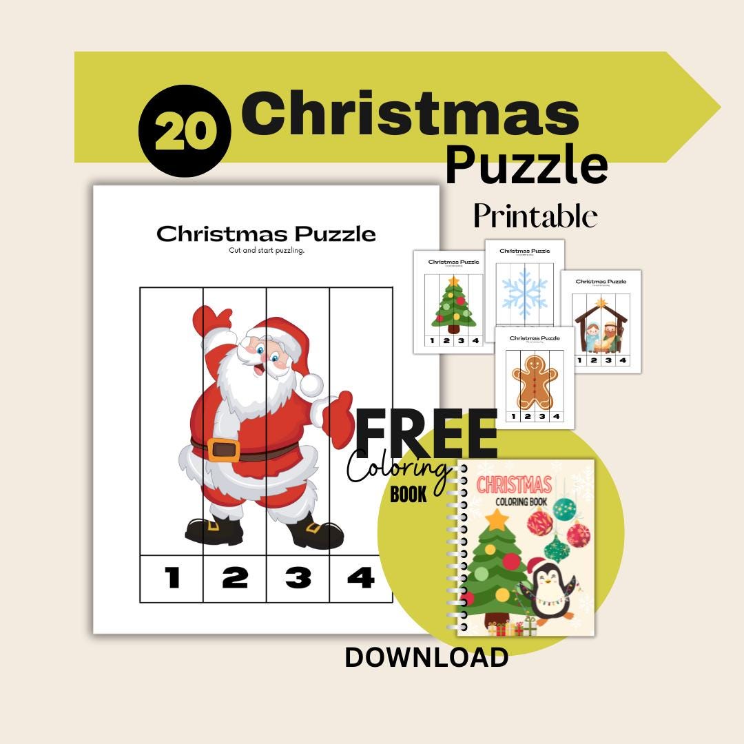 Christmas Puzzle Digital Printable Worksheet Kids Packet Downloadable ...