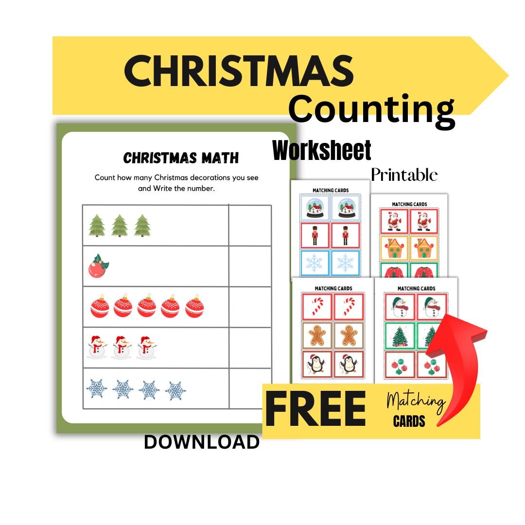 Christmas Math Printable Counting Worksheet Kids Packet Downloadable ...